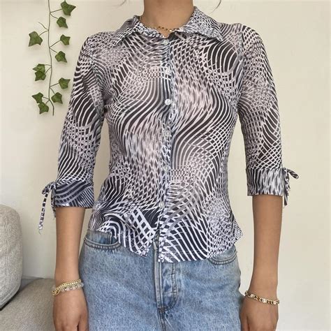 00s Printed Micro Mesh Top Versatile Micro Mesh Depop