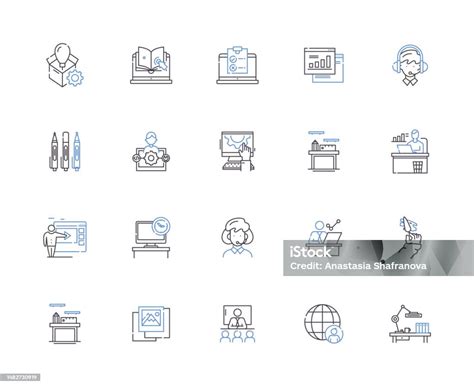 작업장 개요 아이콘 모음입니다 워크샵 훈련 세미나 교육 회의 기술 클래스 벡터 및 일러스트레이션 개념 세트 공예 심포지엄 튜터링 선형 표지판 개인 지도 교사에 대한 스톡