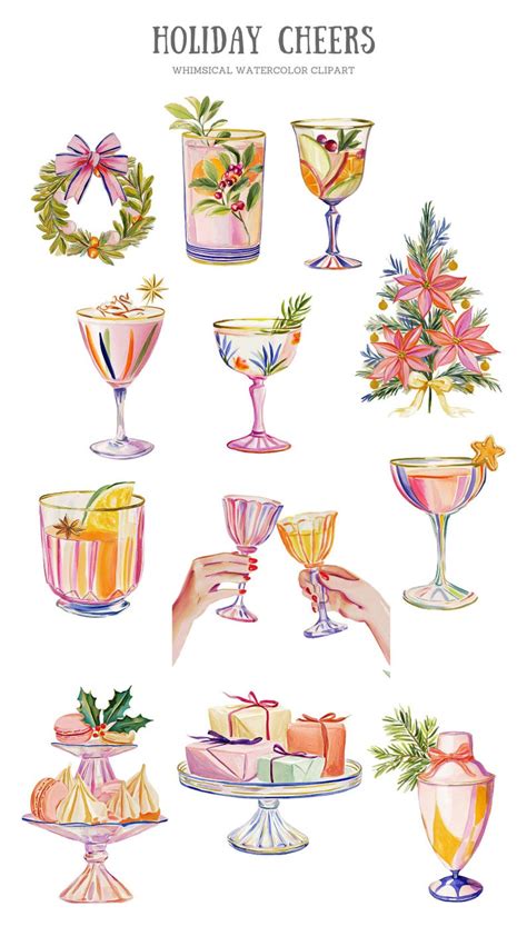 Christmas Cocktails Clipart Whimsical Watercolor Festive Holiday