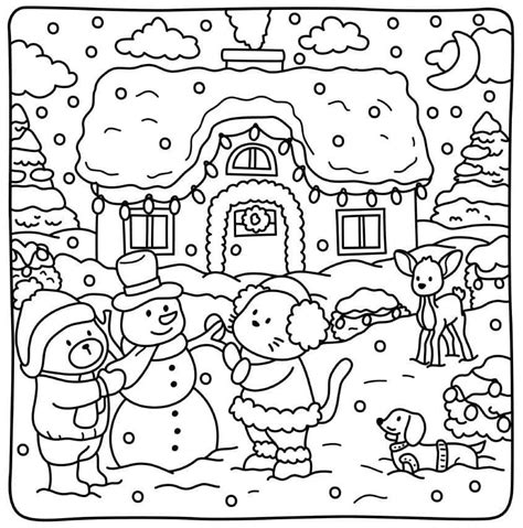Winter Cottage Friends Coloring Page Download Print Or Color Online