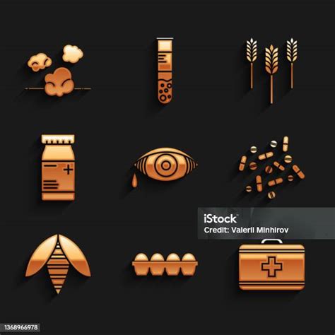 붉은 눈 알레르기 성 결막염 상자에 닭 계란 응급 처치 키트 약 알 또는 태블릿 꿀벌 병 과 알 밀과 먼지 아이콘을 설정합니다 벡터 건강 진단에 대한 스톡 벡터 아트 및
