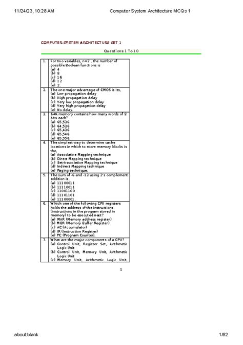 Computer System Architecture Mcqs 1 Computer System Architecture Set 1 Questions 1 To 10 For