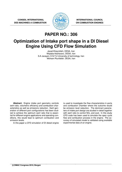 Pdf Optimization Of Intake Port Shape In A Di Diesel Engine Using Cfd Flow Simulation