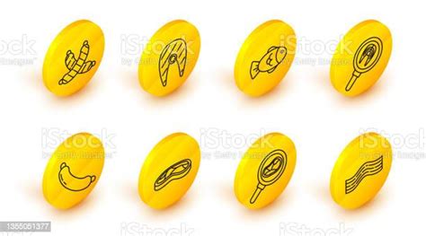 세트 라인 베이컨 스트라이프 프라이팬에 스테이크 고기 소시지 생선 스테이크 크로스 소시지 아이콘 벡터 3차원 형태에 대한 스톡