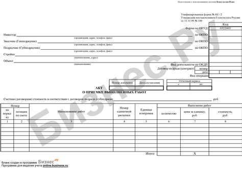 Форма КС 2 образец заполнения акта о приемке выполненных работ