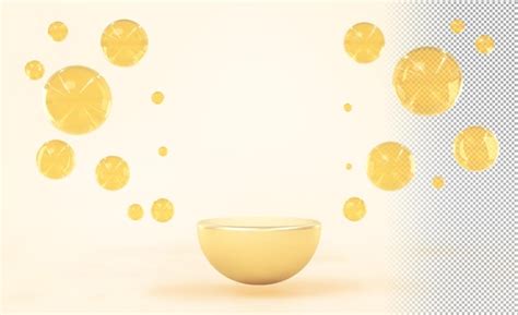 거품 오일 세럼 또는 에센스가 베이지색 배경 3d 렌더링에 있는 골든 연단 디스플레이 화장품 3d 그림을 위한 액체 질감 빈