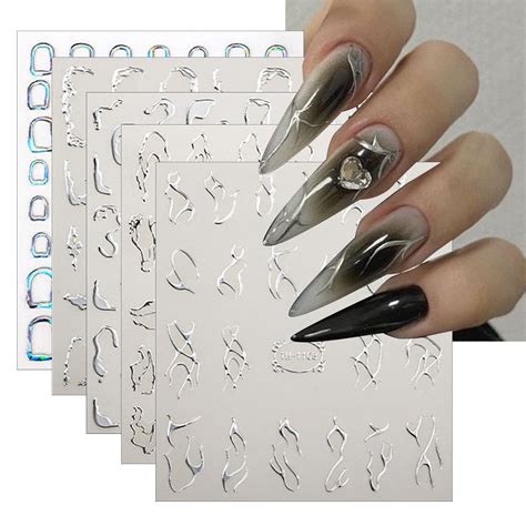 5 Sheets Lines Nail Art Stickers Decals Silver Stripe Line
