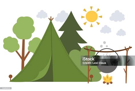 녹색 텐트 화재 숲여름 캠프 장면 보일러가 있는 벡터 캠프파이어 일러스트레이션 엽서 인쇄물용 활동적인 휴일 또는 지역 관광 경관 디자인 캠핑에 대한 스톡 벡터 아트 및 기타