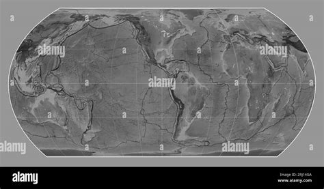 Tectonic Plate Boundaries On A Grayscale Map Of The World In The Hatano Asymmetrical Equal Area