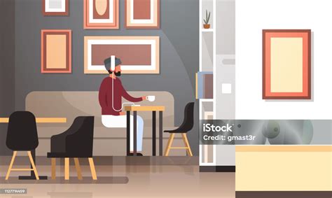 사람이 마시는 커피 테이블 현대적인 카페 인테리어 평면 가로 전체 길이에 앉아 헤드폰 수염된 Hipster 사람과 스마트폰에서 음악을 듣고 Mp3 플레이어에 대한 스톡 벡터