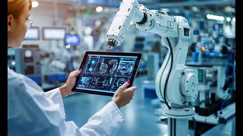 Automation Engineer Using Tablet To Control Robotic Arm In Factory For Manufacturing Process