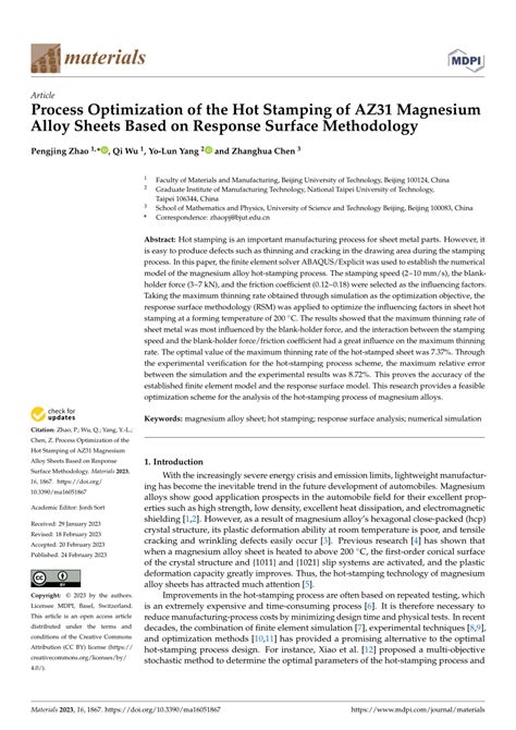 (PDF) Process Optimization of the Hot Stamping of AZ31 Magnesium Alloy Sheets Based on Response ...