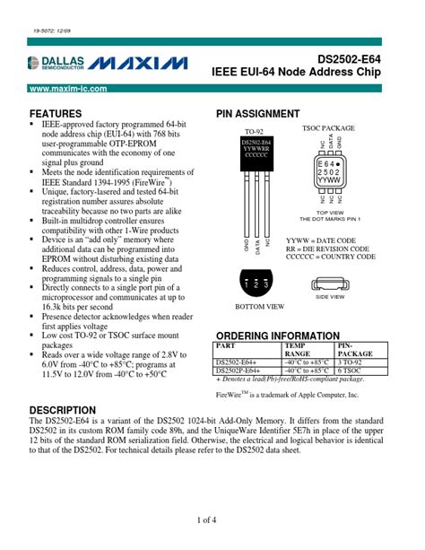Ds2502 E64 Datasheet Pdf Maxim Integrated Ieee Eui 64 Node Address
