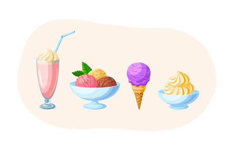 다양한 맛의 아이스크림 상쾌한 디저트 세트 프리미엄 벡터