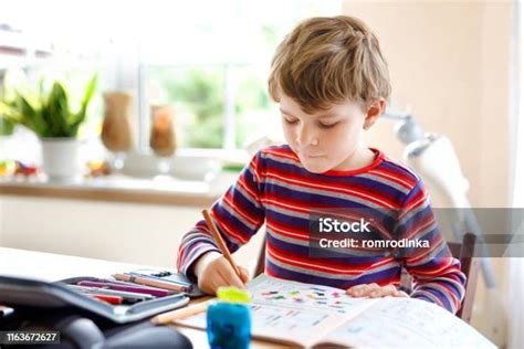 학교가 시작되기 전에 아침에 숙제를 집에서 행복한 미소 어린 아이 소년 어린 아이가 실내에서 운동을하고 있습니다 초등학교 와 교육 기하학적 인물을 그리는 소년 개념에 대한