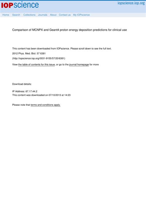 Pdf Comparison Of Mcnpx And Geant4 Proton Energy Deposition Predictions For Clinical Use