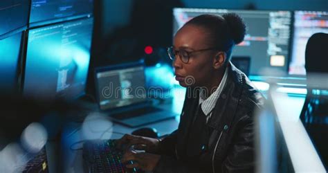 Business Computer And Black Woman In Workplace Cyber Security And Thinking With Software