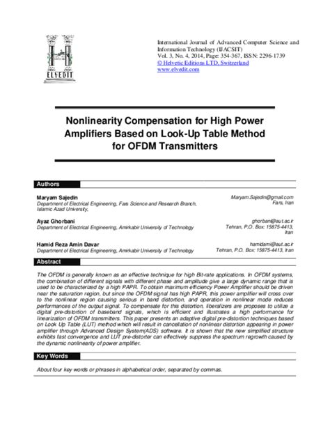 Pdf Nonlinearity Compensation For High Power Amplifiers Based On Look