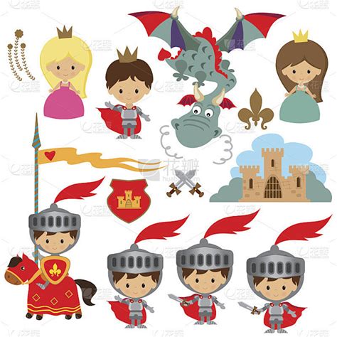 骑士，公主和龙矢量插图
