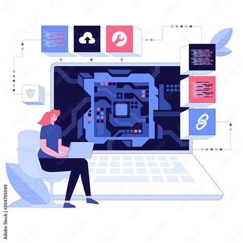 Vector Illustration Of Professional Engineer Use Laptop Screen Shows CPU Abstract Digital Chip