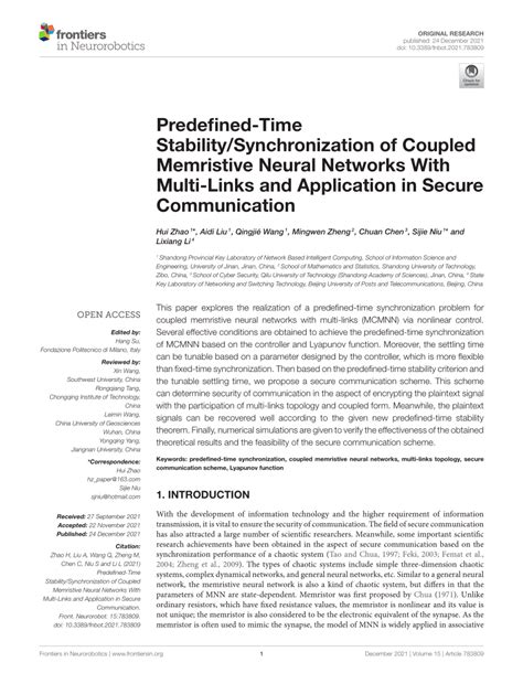 PDF Predefined Time Stability Synchronization Of Coupled Memristive Neural Networks With Multi