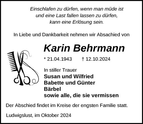 Traueranzeigen Von Karin Behrmann Trauer Nordkurier