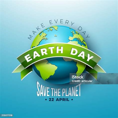 해피 지구의 날 그림 파란색 배경에 행성과 리본 지구를 구하세요 4월 22일 세계지도 타이포그래피 레터링이 있는 환경 및 생태 개념 엽서 배너 인사말 카드 전단지 초대장