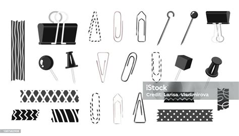 흑백 색 문구로 설정합니다 학교로 돌아가서 사무실 업무 학교는 요소를 제공합니다 클립 접착제 테이프 핀 바늘 노트 크리에이티브