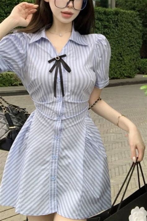 핑크프릴 당일출고 에이 스트라이프 폴로 카라 브이넥 버블 반팔 셔츠 미니 원피스