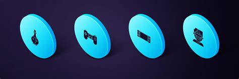 아이소 메트릭 가상 현실 안경 휴대용 비디오 게임 콘솔 게임 패드 및 마법의 비약 아이콘으로 병을 설정하십시오 벡터 3차원 형태에 대한 스톡 벡터 아트 및 기타 이미지