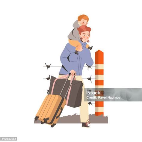 짐을 가진 남자 난민과 어깨에 어린 아이가 고국을 떠나 전쟁 분쟁에서 도망쳐 망명 벡터 일러스트 레이 션 구걸 사회 문제에 대한 스톡 벡터 아트 및 기타 이미지 Istock