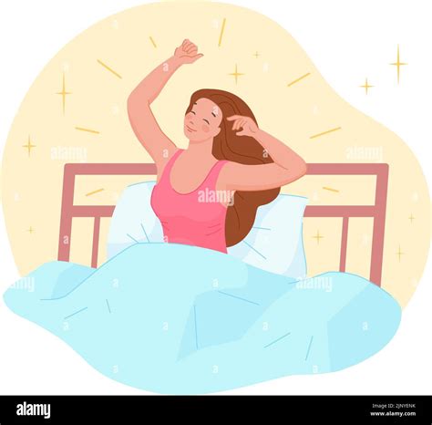 Mornings Stretching In Bed Awakened Happy Woman Stretches On Sunlight