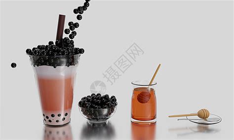 两杯hojicha奶茶新鲜牛奶和泡boba加一层奶油酪泡沫高清图片下载 正版图片504043271 摄图网