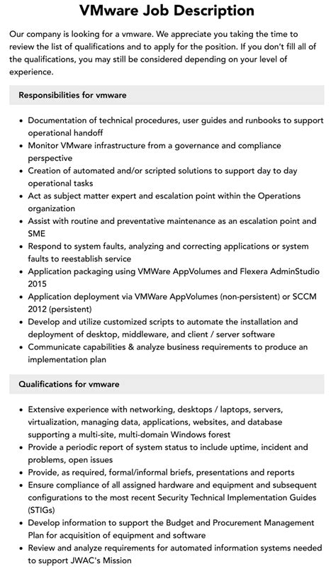 Vmware Job Description Velvet Jobs