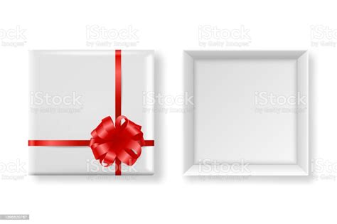 벡터 3d 현실적인 닫힌 열린 종이 화이트 크리스마스 선물 상자 빨간 활 절연 새해 크리스마스 발렌타인 데이 또는 기념일 개념 크리스마스 선물 포장의 디자인 템플릿 상단