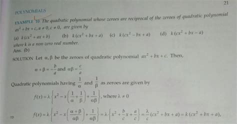 21 Polynomials Exampe To The Quadratic Polynomial Whose Zeroes Are Recipr