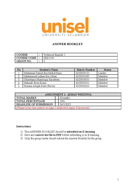 Answer Booklet Assignment Submission Answer Booklet Course Technical English 1 Course