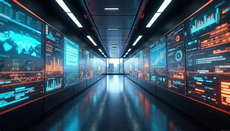 Futuristic Data Center Hallway with Multiple Screens Showing Graphs, Charts, Code Lines, City ...