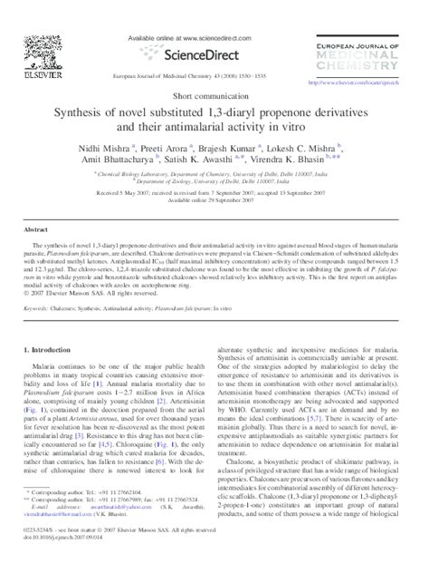 Pdf Synthesis Of Novel Substituted 1 3 Diaryl Propenone Derivatives And Their Antimalarial