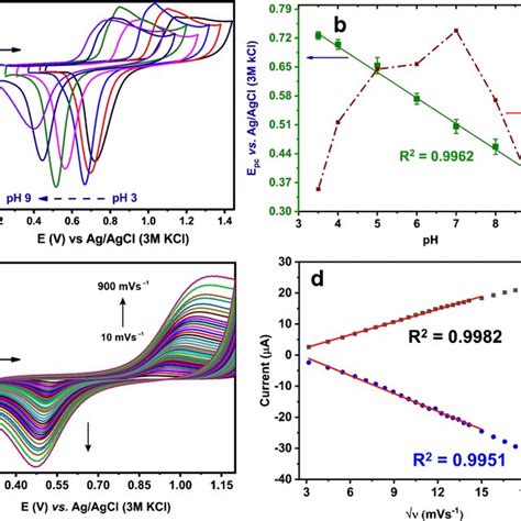 A CV Plot Of PS Au In PBS At Different PH B Corresponding Epc Vs PH Download Scientific