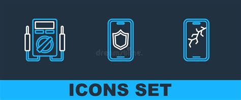 Set Line Mobile With Broken Screen Multimeter And Shield Icon Vector Stock Illustration