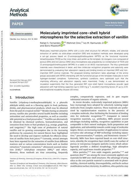 Pdf Molecularly Imprinted Core Shell Hybrid Microspheres For The Selective Extraction Of Vanillin