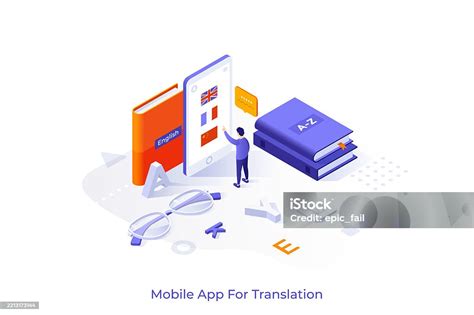 남자가 스마트 폰에서 외국어를 선택하는 개념적인 템플릿입니다 번역을 위한 모바일 애플리케이션 온라인 번역기 전자 사전을 위한 장면 현대 아이소 메트릭 벡터 그림 3차원