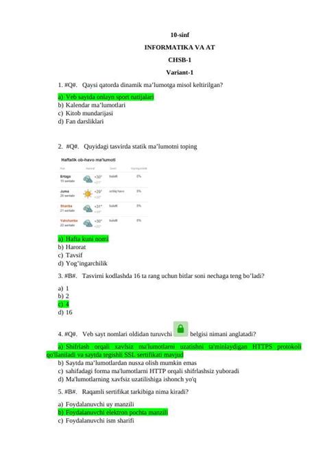 10 Sinf Informatika Testlar Javoblari Bilan