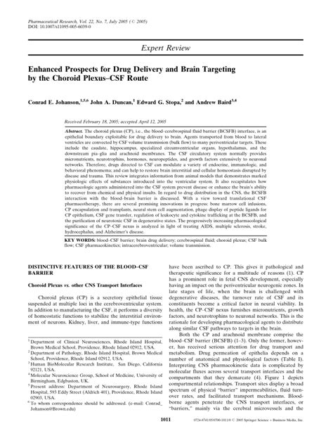 Pdf Enhanced Prospects For Drug Delivery And Brain Targeting By The Choroid Plexus Csf Route