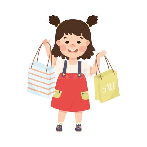 Linda Morena Feliz Niña Pequeña Cargando Bolsas De Compras Caricatura