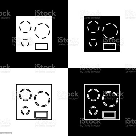 흑백 배경에 격리된 전기 스토브 아이콘을 설정합니다 쿡탑 기호 4 개의 원 버너와 호브 벡터 일러스트레이션 가열장치에 대한 스톡