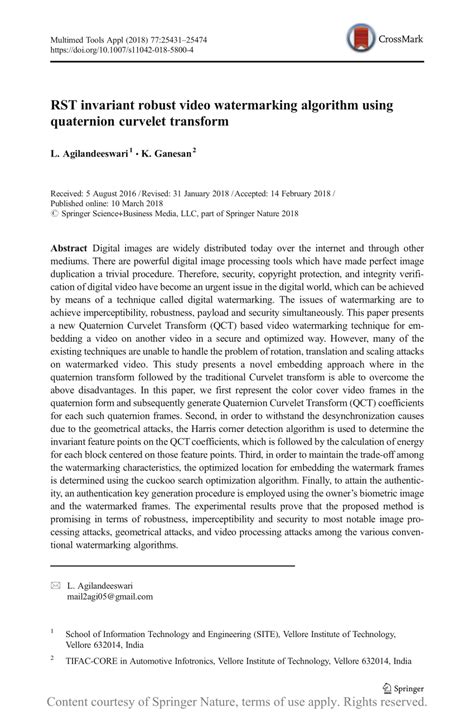 Rst Invariant Robust Video Watermarking Algorithm Using Quaternion Curvelet Transform Request Pdf