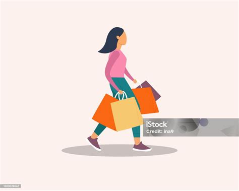 배경에 고립 된 쇼핑 백을 들고 여자 여자는 쇼핑 개념입니다 쇼핑 백 사이드 뷰와 여성 캐릭터 만화 플랫 스타일로 현대 다채로운