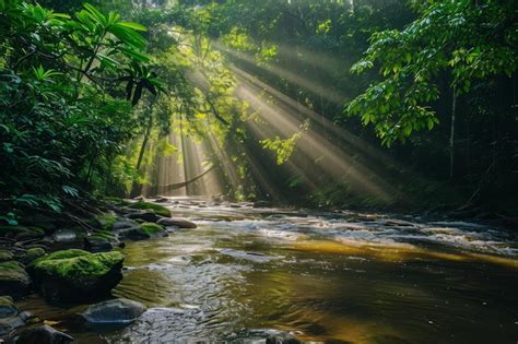 Premium Photo A Stream Gently Flowing Through A Vibrant Green Forest